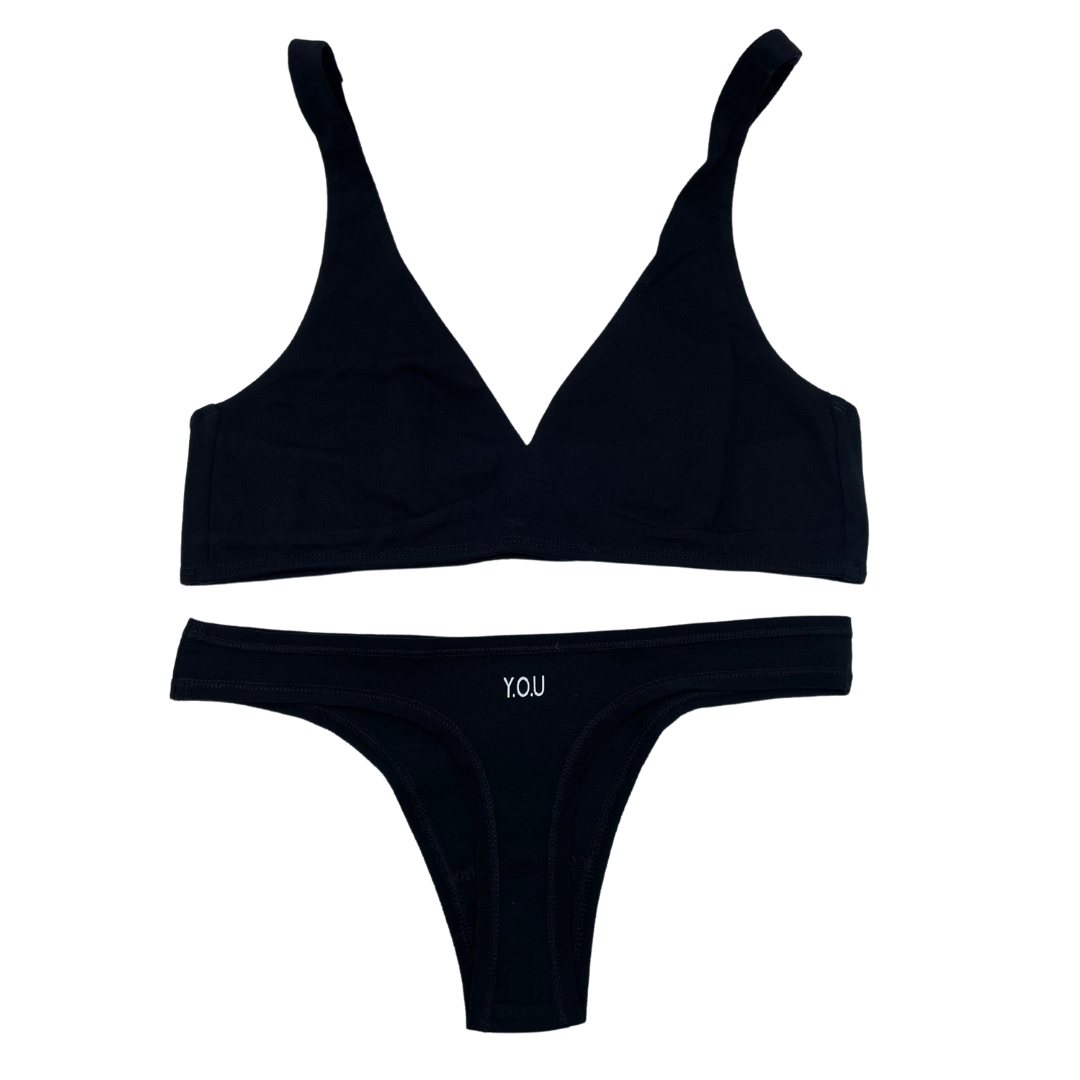 Womens Organic Cotton Matching Bralette And Thong Set Black Y O U